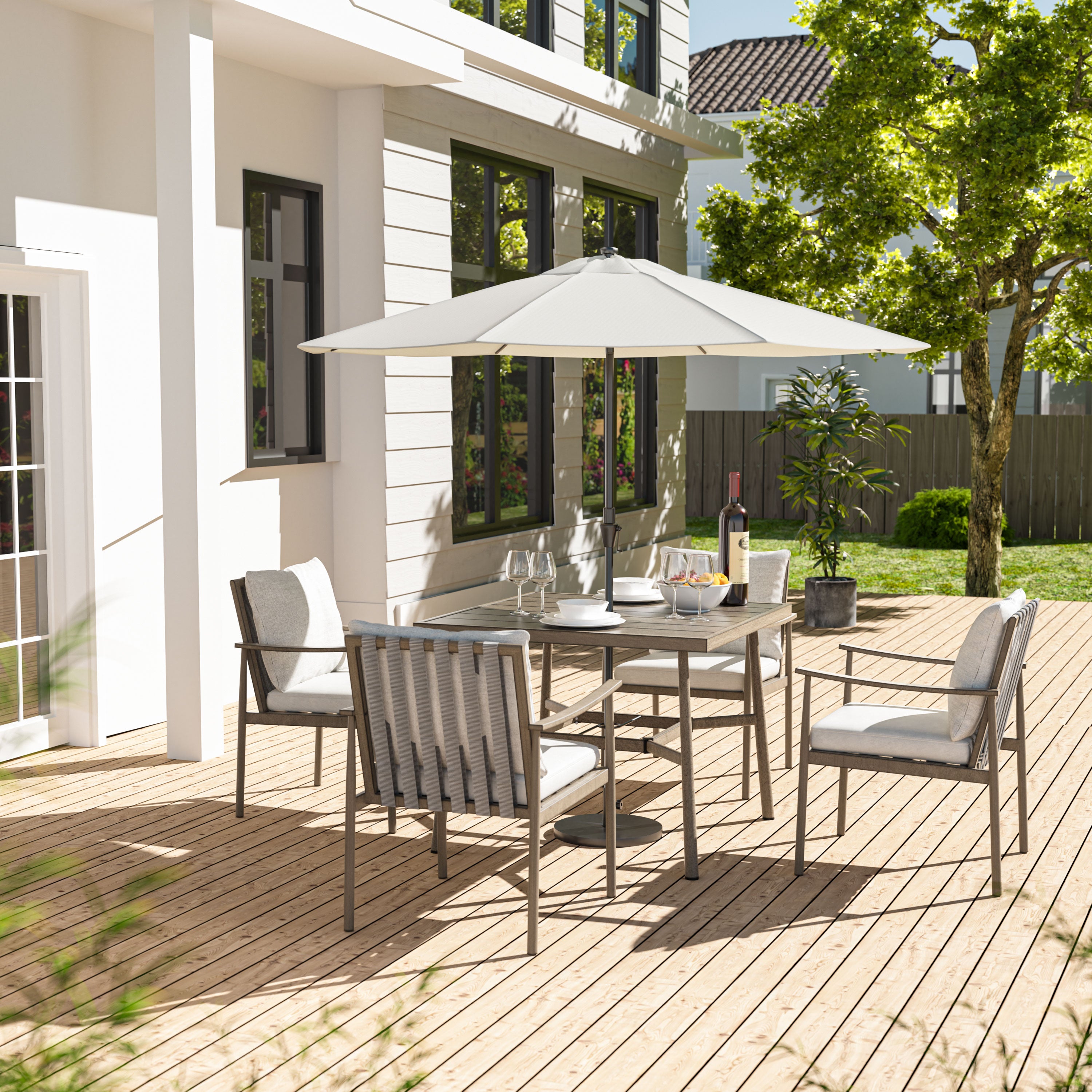Garden dining with parasol store